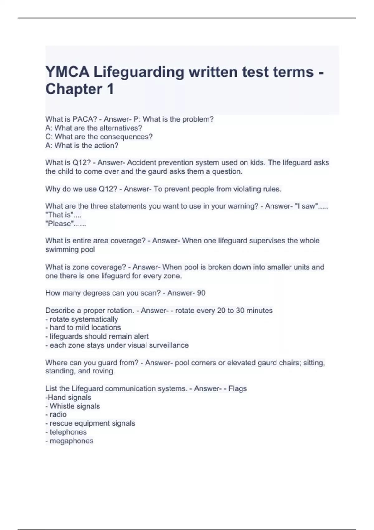 YMCA Lifeguarding written test terms - Chapter 1 with complete ...