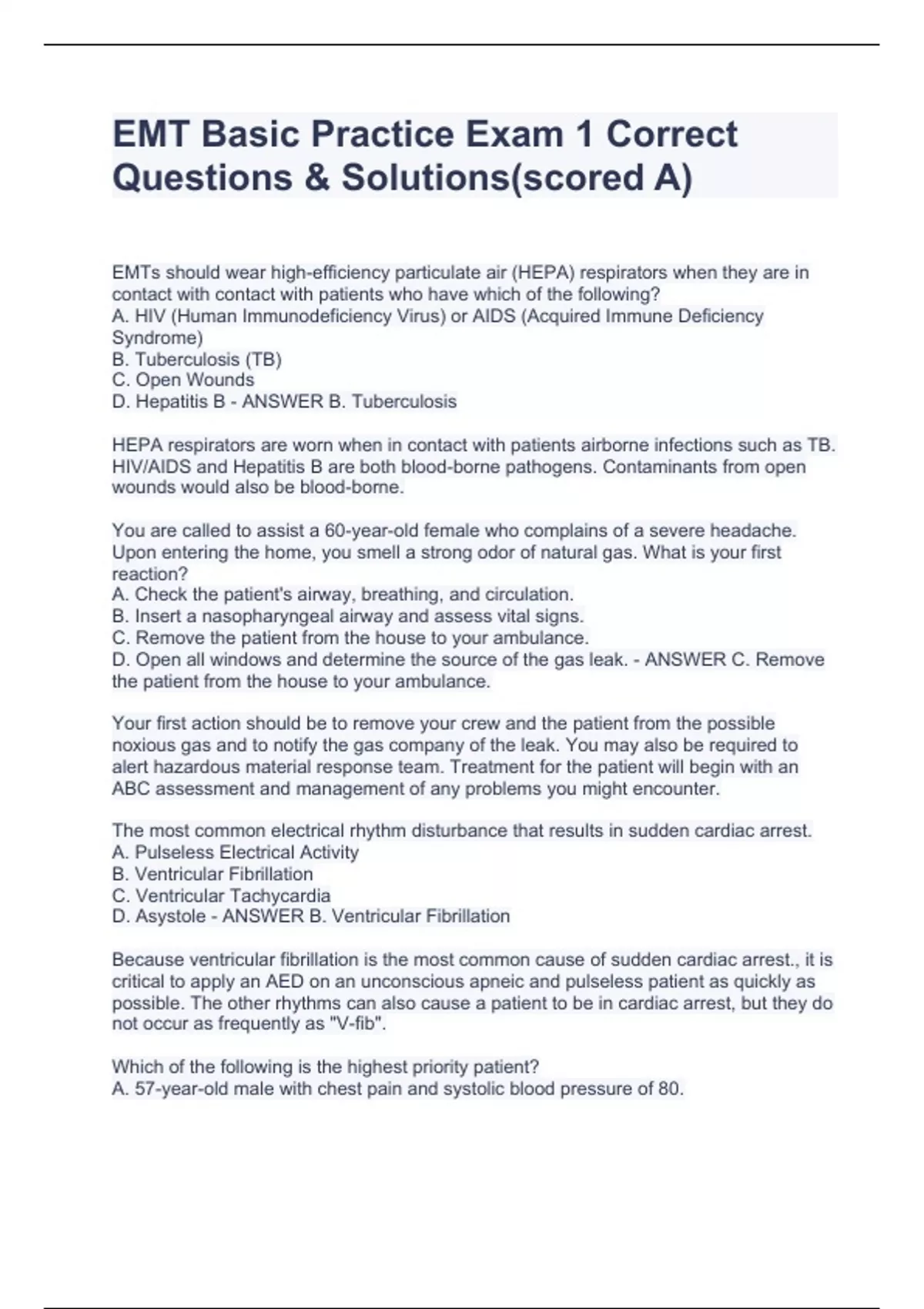 EMT Basic Practice Exam 1 Correct Questions & Solutions(scored A) - EMT Basic - Stuvia US
