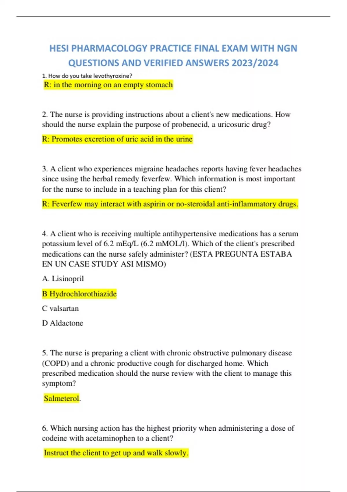 HESI PHARMACOLOGY PRACTICE FINAL EXAM WITH NGN QUESTIONS AND VERIFIED ANSWERS 2023/2024 - HESI ...