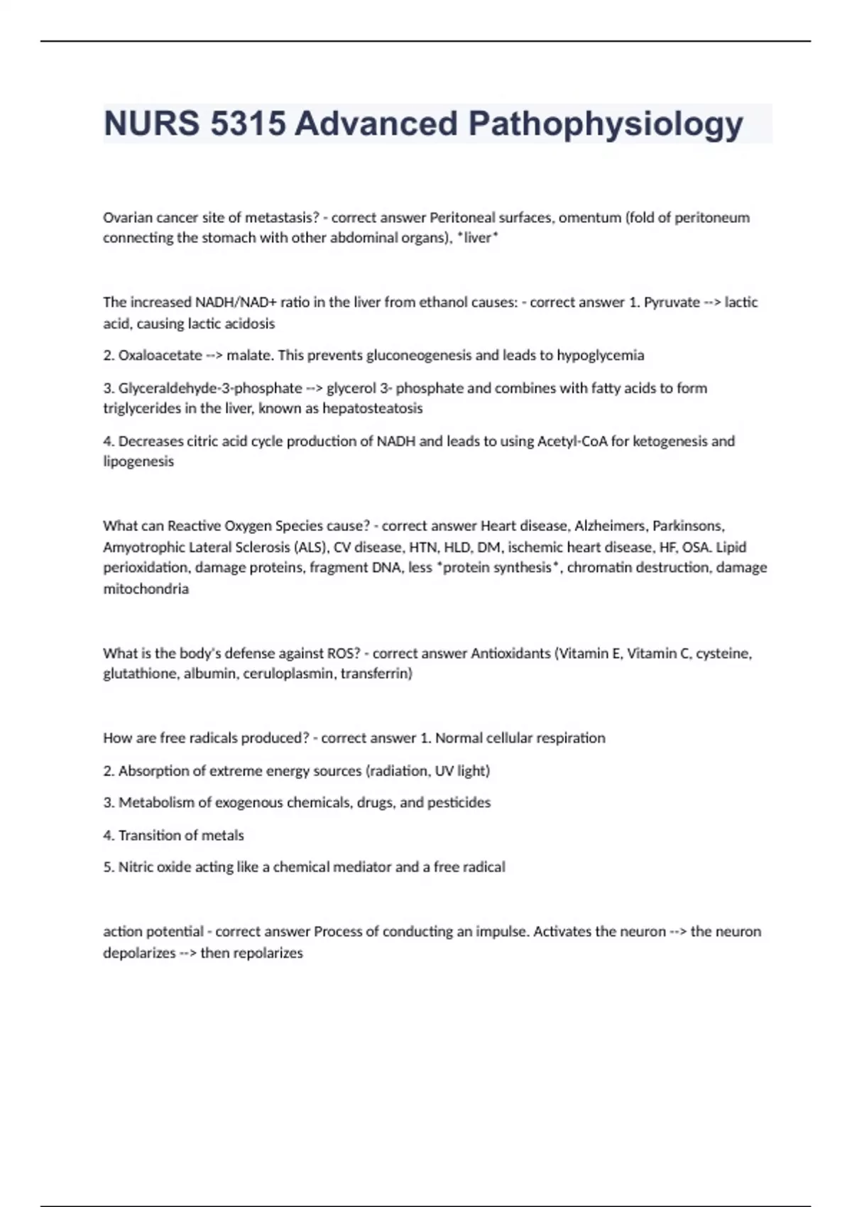 NURS 5315 Advanced Pathophysiology questions and answers already solved ...
