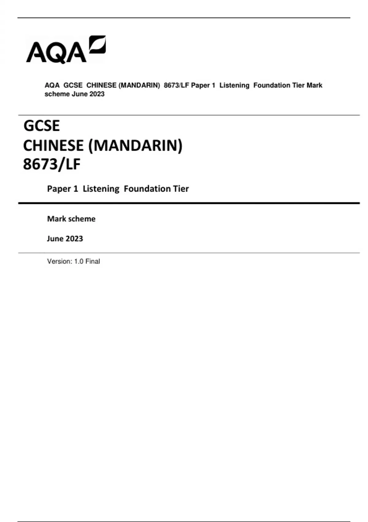 AQA GCSE CHINESE (MANDARIN) Foundation Tier Paper 1 Listening QP/MS and ...