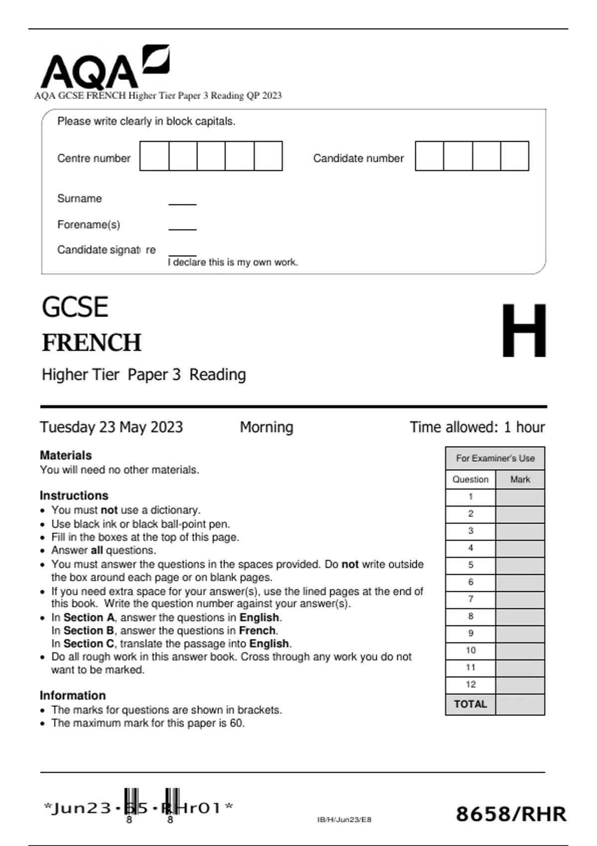 AQA GCSE FRENCH Higher Tier Paper 3 Reading QP 2023 - AQA GCSE - Stuvia UK