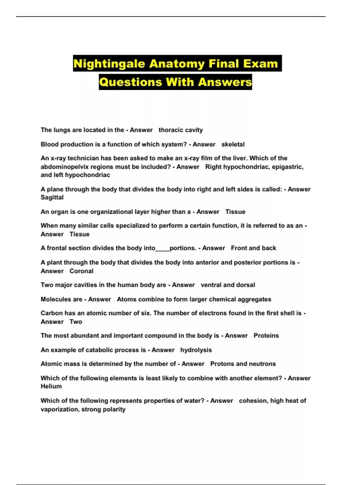 Nightingale Anatomy Final Exam Questions With Answers - Nightingale ...