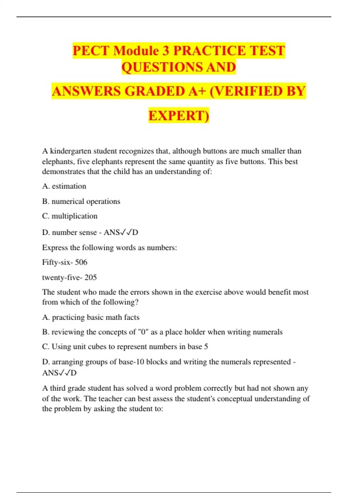 PECT Module 3 PRACTICE TEST QUESTIONS AND ANSWERS GRADED A+ (VERIFIED ...