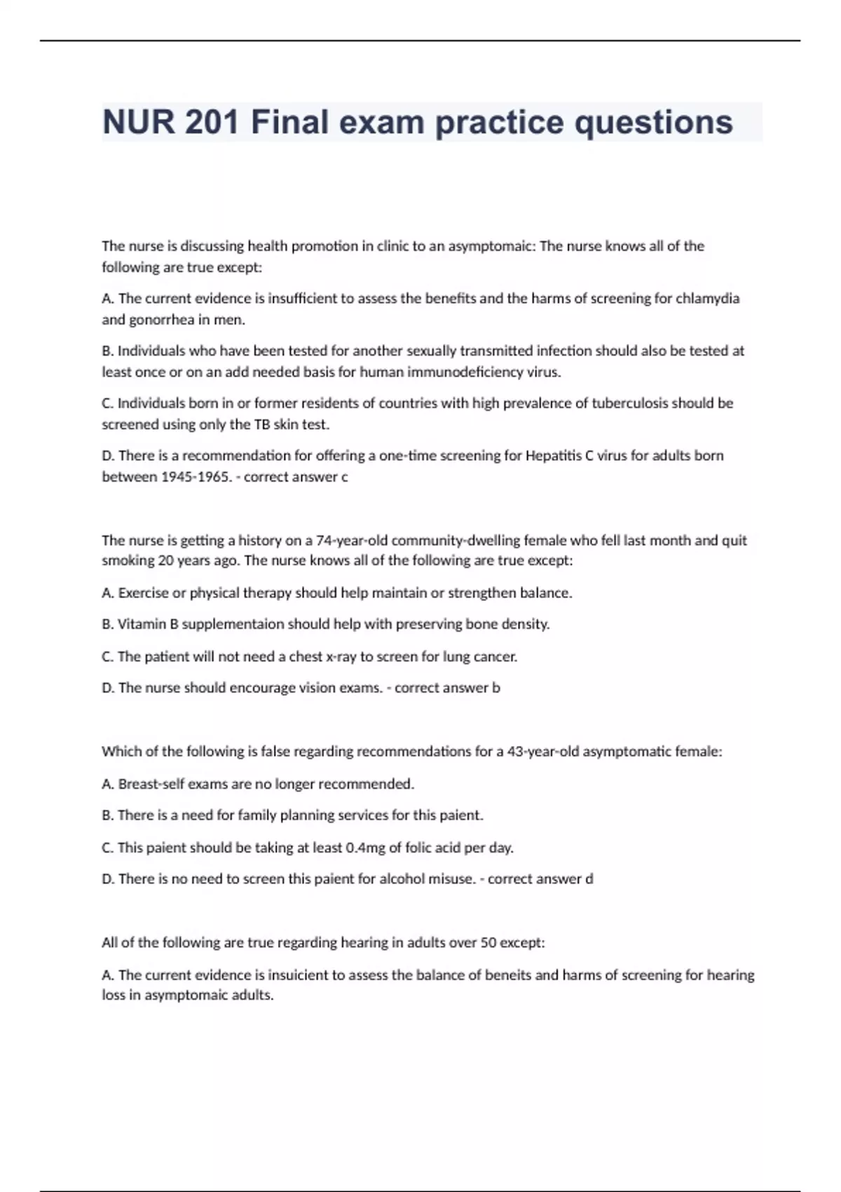 NUR 201 Final exam practice questions well answered graded A+ 2023/2024 ...
