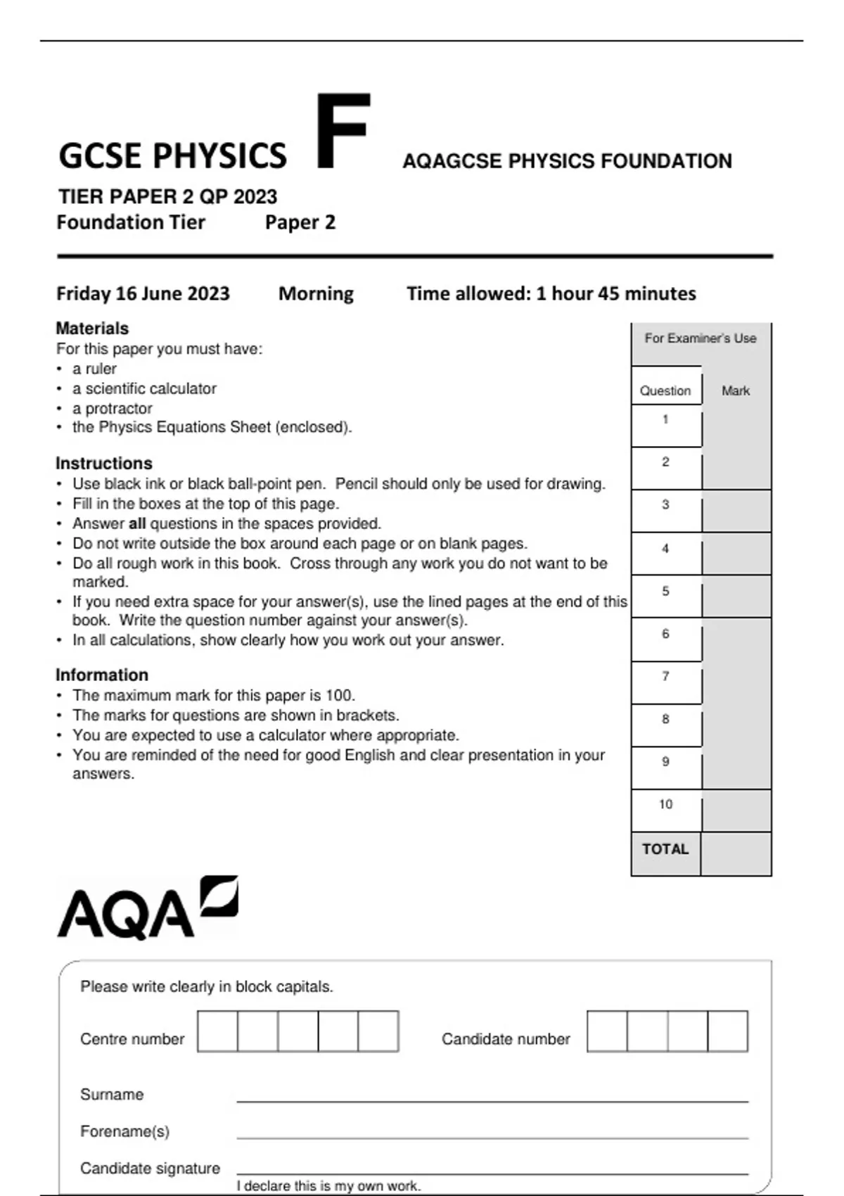 AQA GCSE PHYSICS FOUNDATION TIER PAPER 2 QP AND MS 2023 - Stuvia US