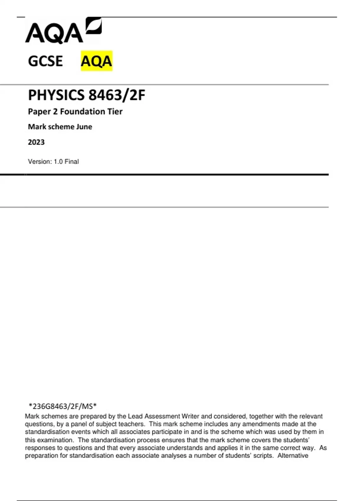 AQA GCSE PHYSICS 8463/2F Paper 2 Foundation Tier Mark scheme June 2023 Version: 1.0 Final - AQA ...