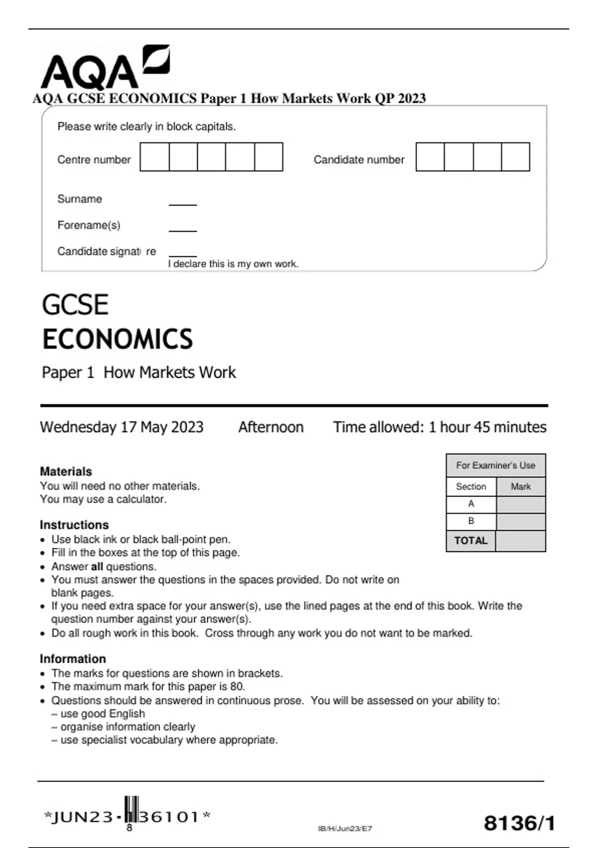 AQA GCSE ECONOMICS 8136/1 Paper 1 How Markets Work QP AND MS 2023 ...
