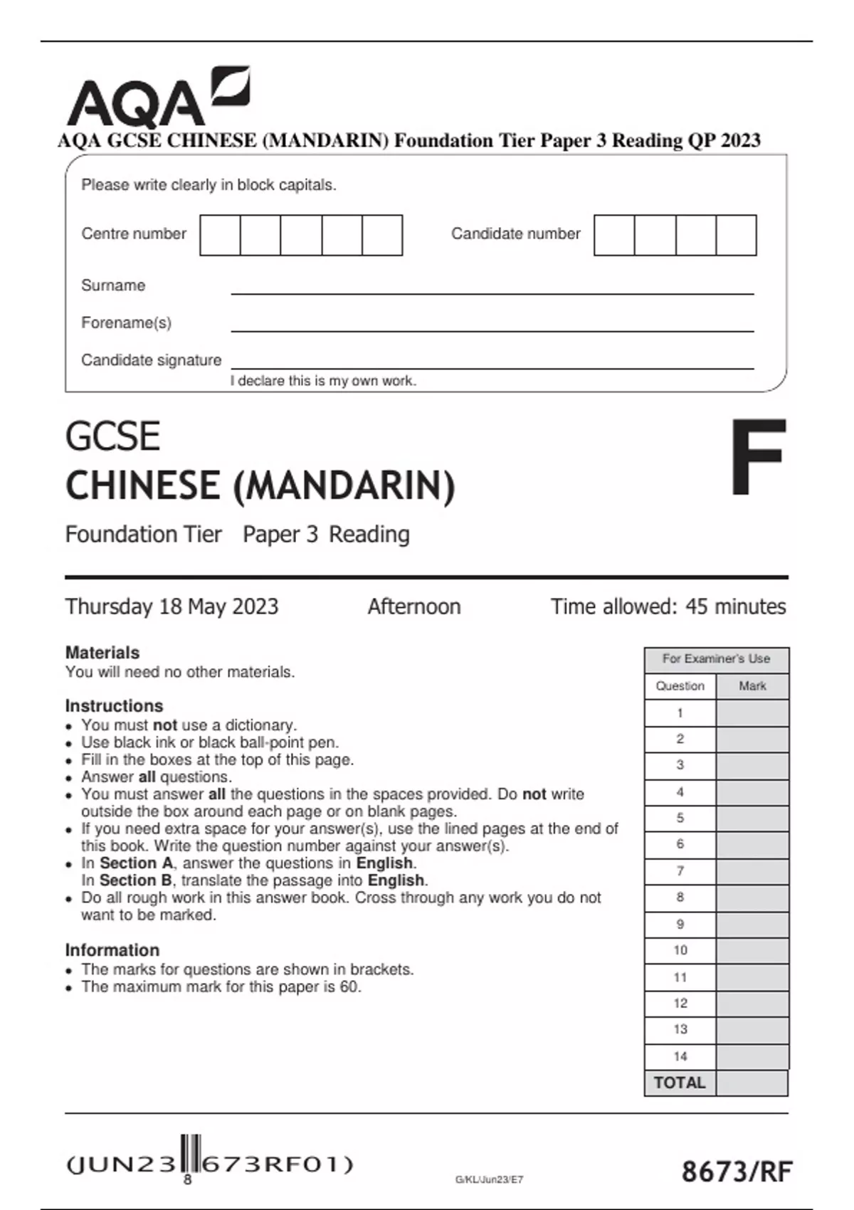 AQA GCSE CHINESE (MANDARIN) Foundation Tier Paper 3 Reading QP 2023 ...