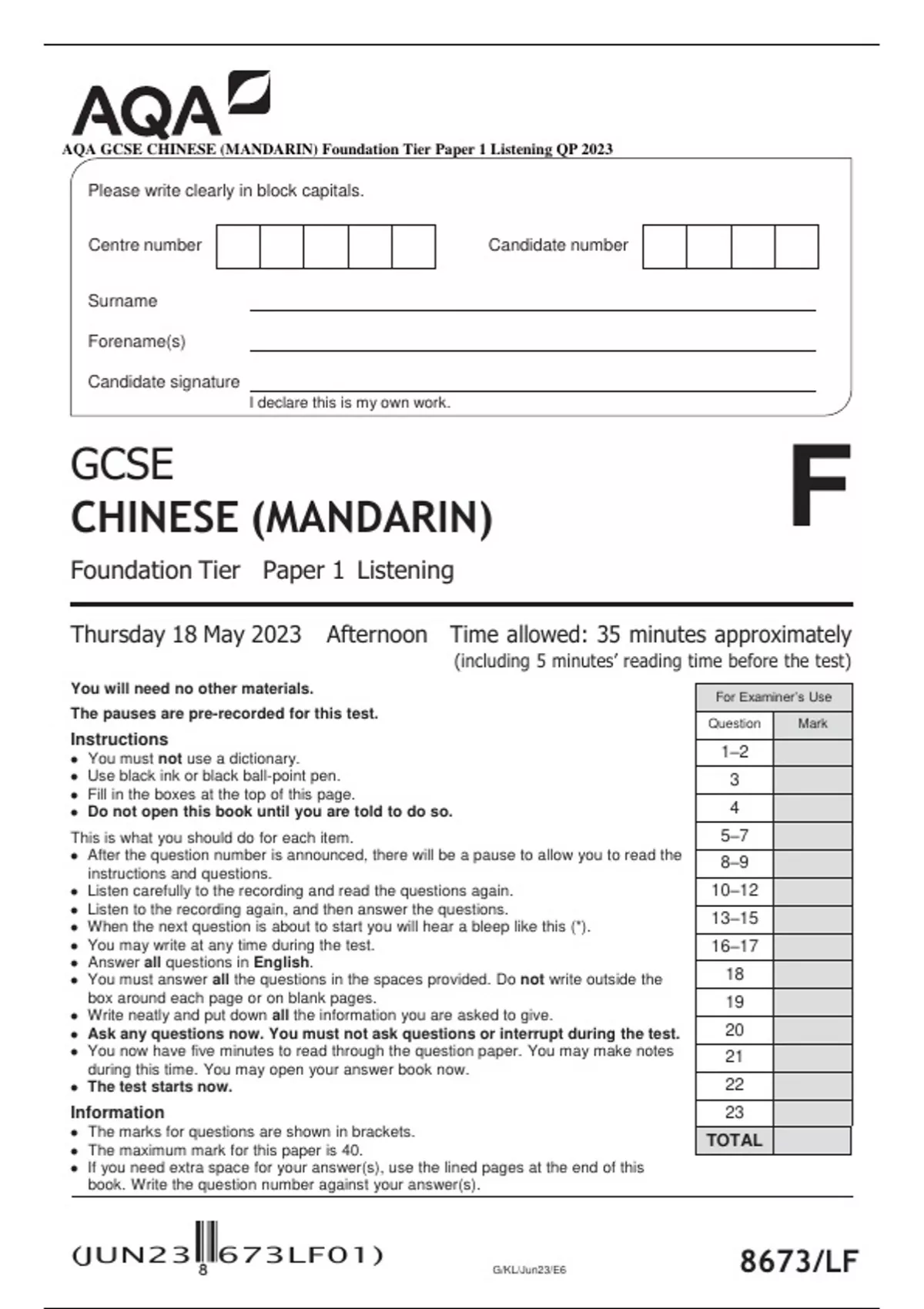 AQA GCSE CHINESE (MANDARIN) Foundation Tier Paper 1 Listening QP 2023 ...