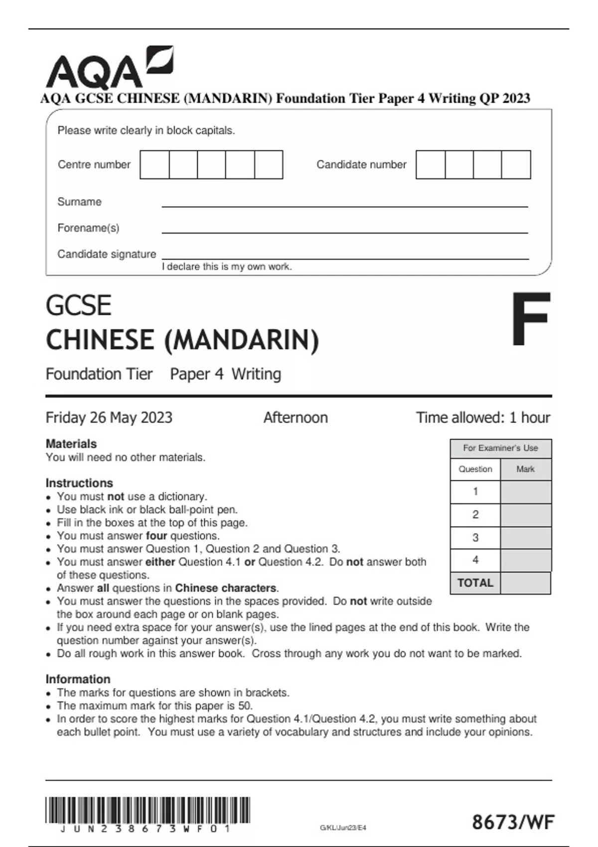 AQA GCSE CHINESE (MANDARIN) Foundation Tier Paper 4 Writing QP 2023 - AQA GCSE CHINESE - Stuvia UK