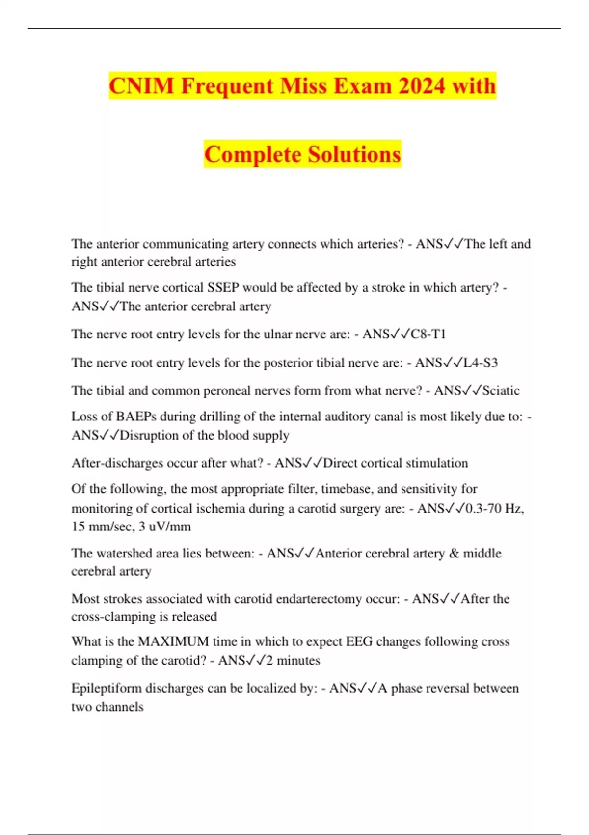 CNIM Frequent Miss Exam 2024 with Complete Solutions - CNIM - Stuvia US