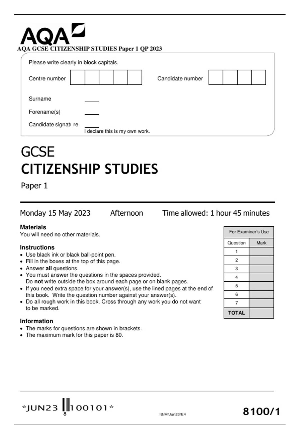 AQA GCSE CITIZENSHIP STUDIES Paper 1 QP 2023 - AQA GCSE CITIZENSHIP ...