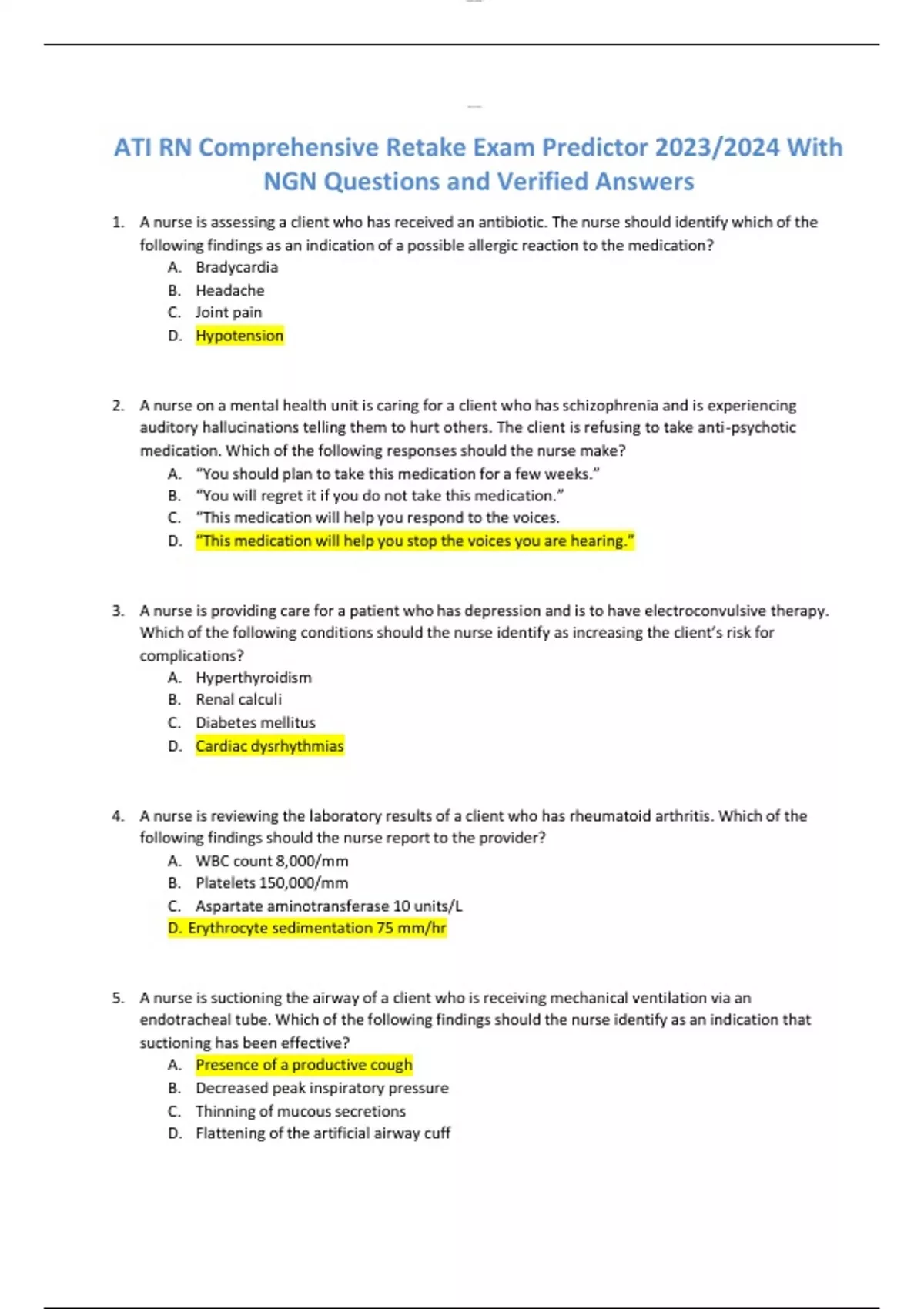 ATI RN Comprehensive Retake Exam Predictor 2023/2024 With NGN Questions and Verified Answers ...