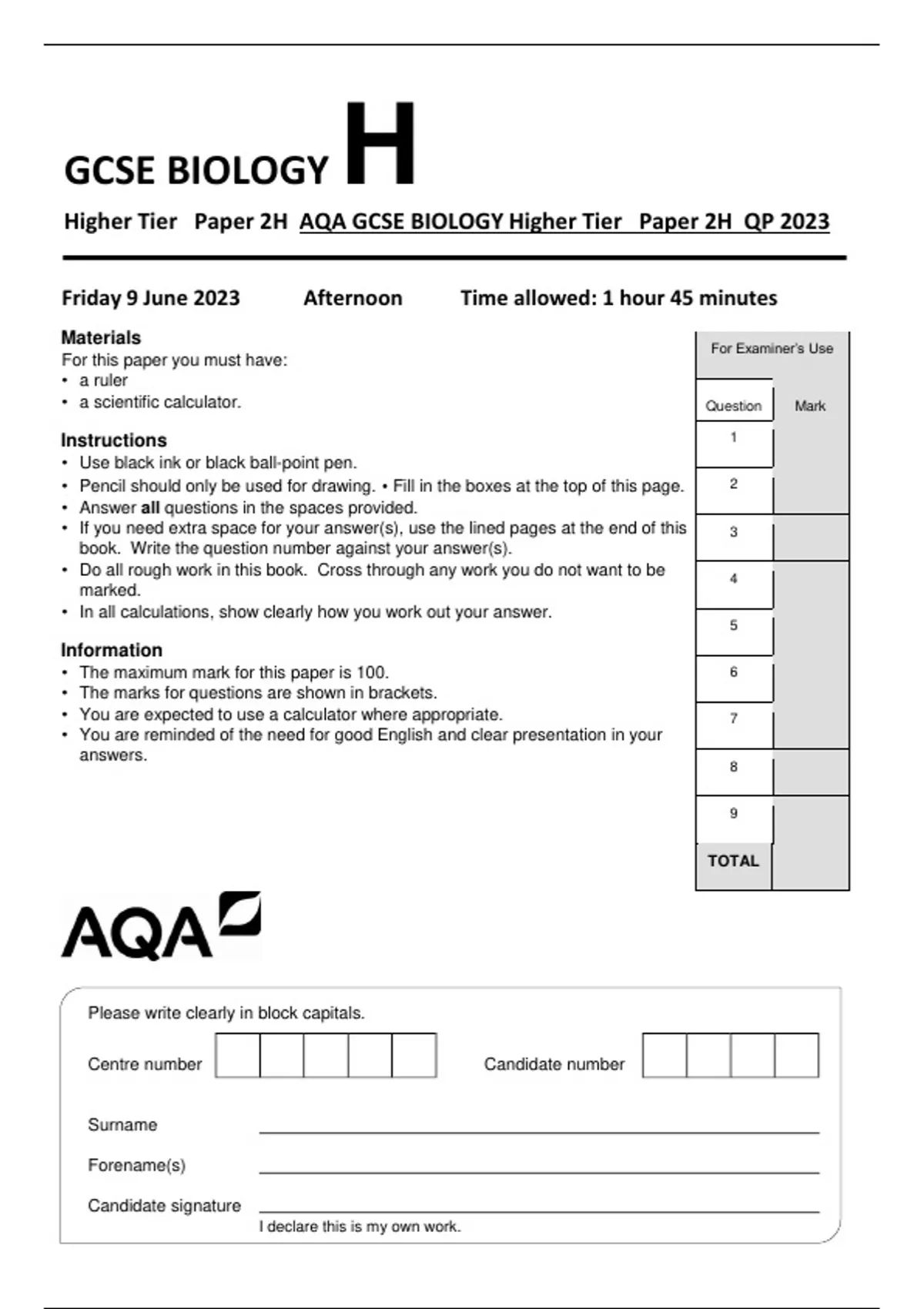 AQA GCSE BIOLOGY Higher Tier Paper 2H QP 2023 - AQA GCSE - Stuvia UK