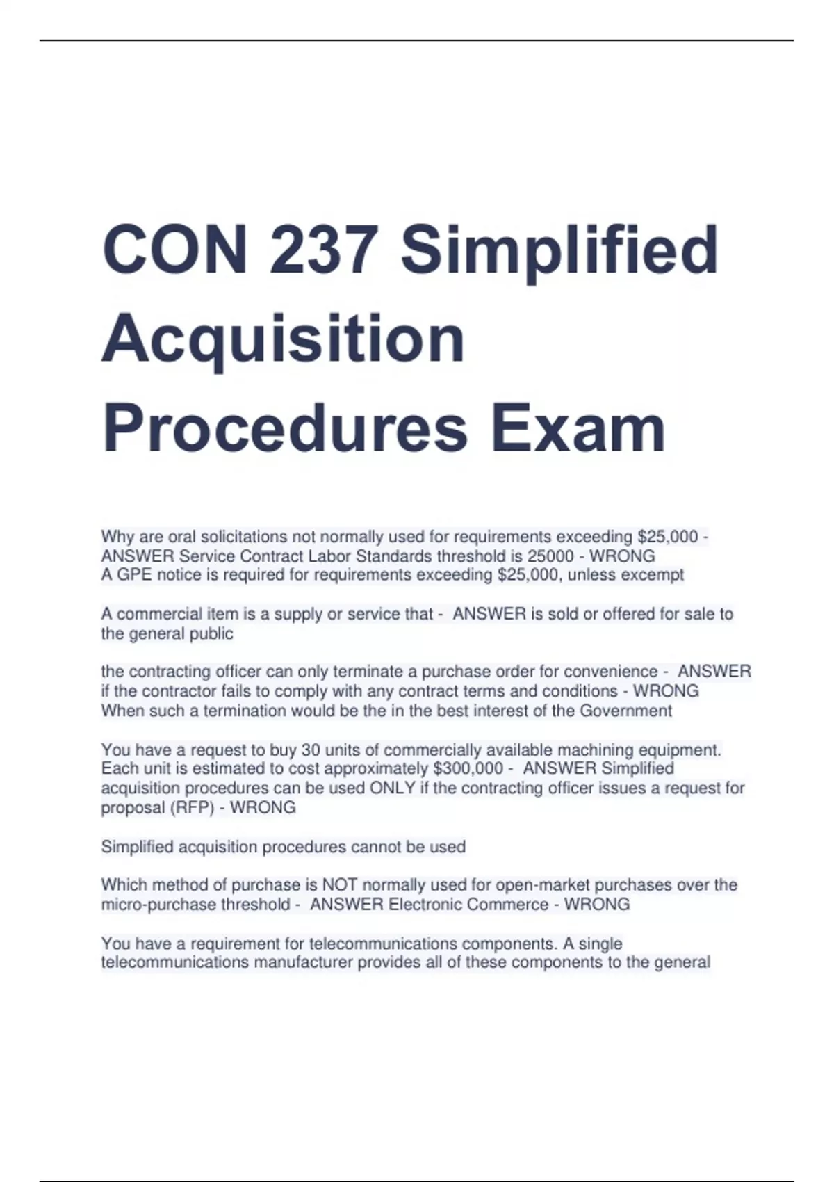 LATEST 2024 CON 237 Simplified Acquisition Procedures Exam - CON 237 ...