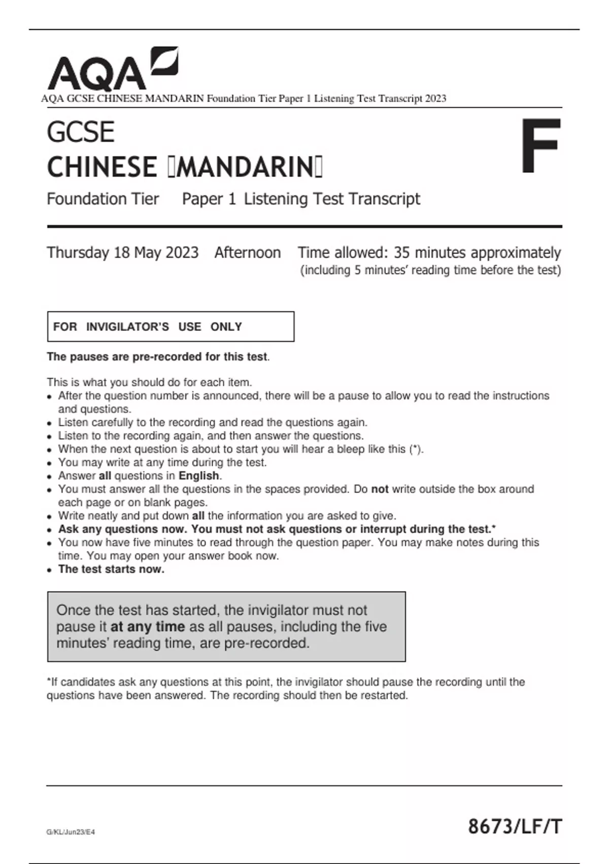 AQA GCSE CHINESE MANDARIN Foundation Tier Paper 1 Listening Test ...