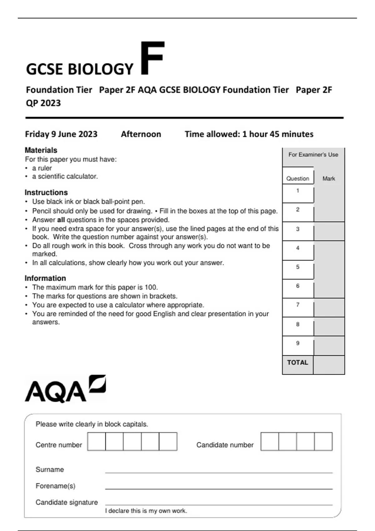 AQA GCSE BIOLOGY Foundation Tier Paper 2F QP 2023 - AQA - Stuvia US