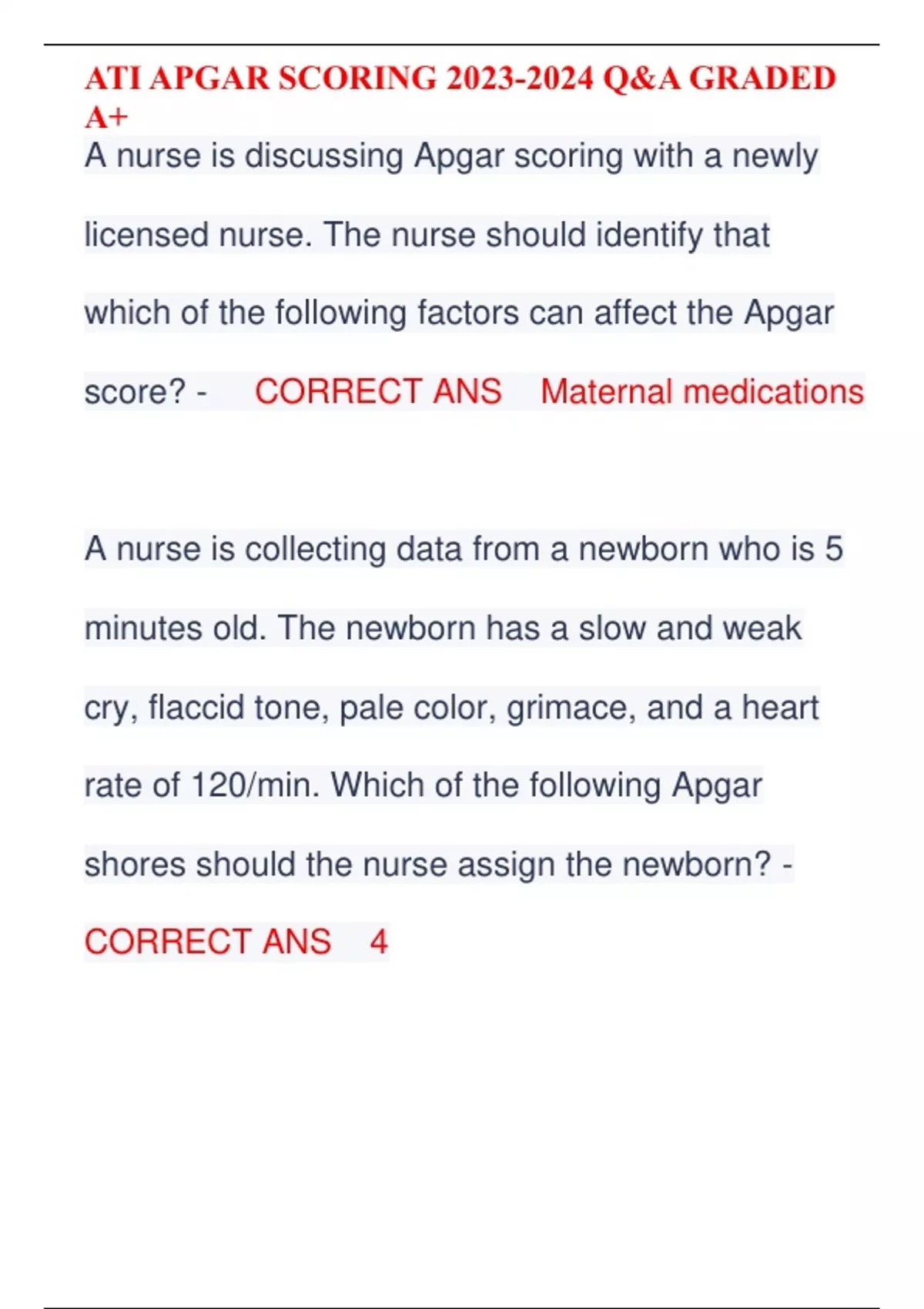 ATI APGAR SCORING Q&A GRADED A+ - ATI APGAR SCORING - Stuvia US