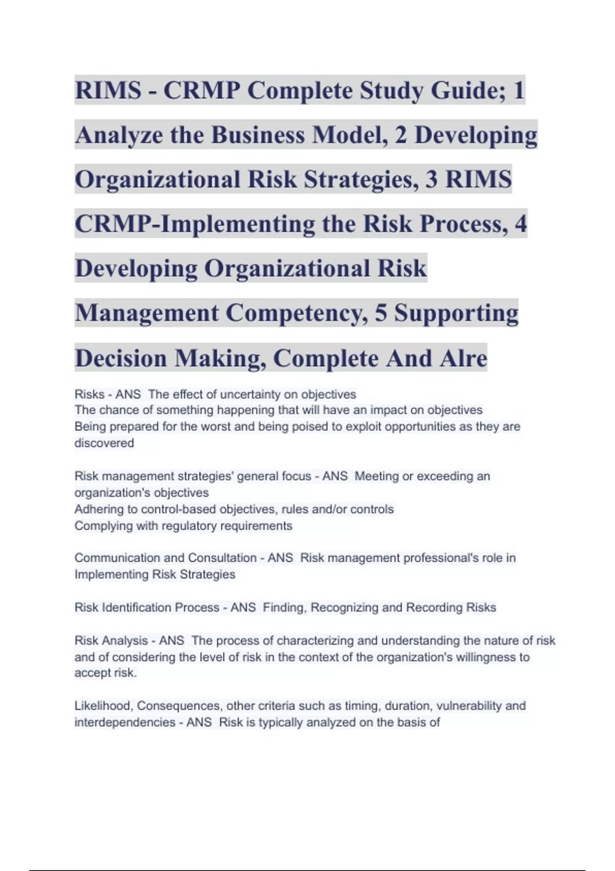 RIMS - CRMP Complete Study Guide; 1 Analyze the Business Model, 2 ...