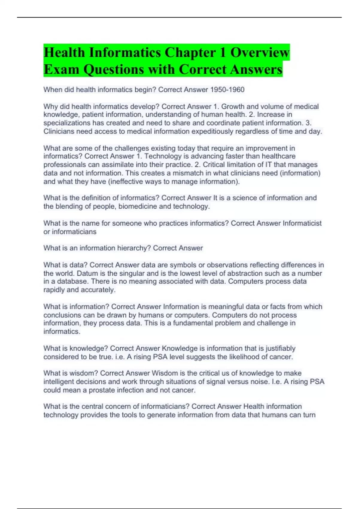 Health Informatics Chapter 1 Overview Exam Questions with Correct Answers - Health Informatics ...