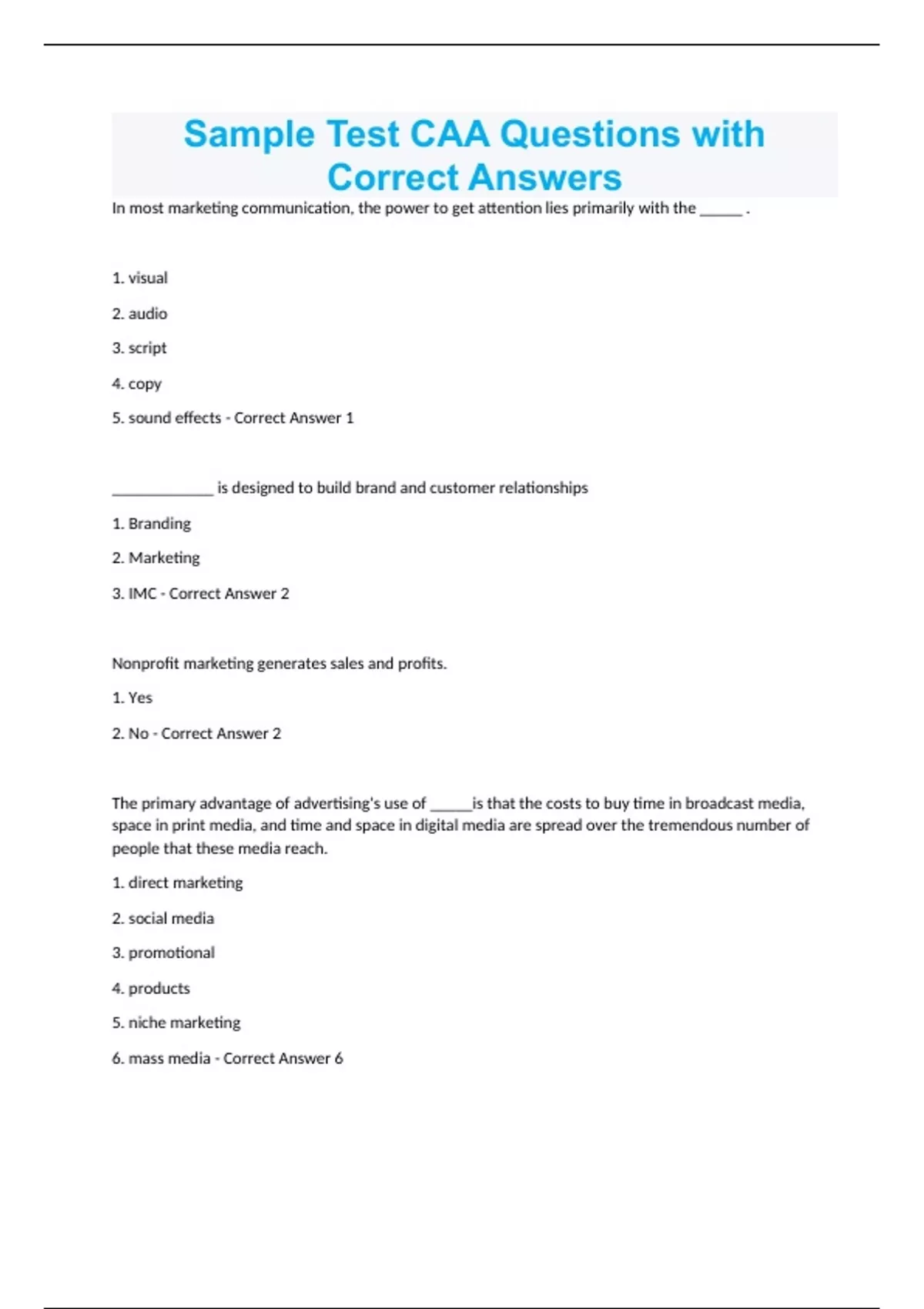 Sample Test CAA Questions with Correct Answers - CAA - Stuvia US