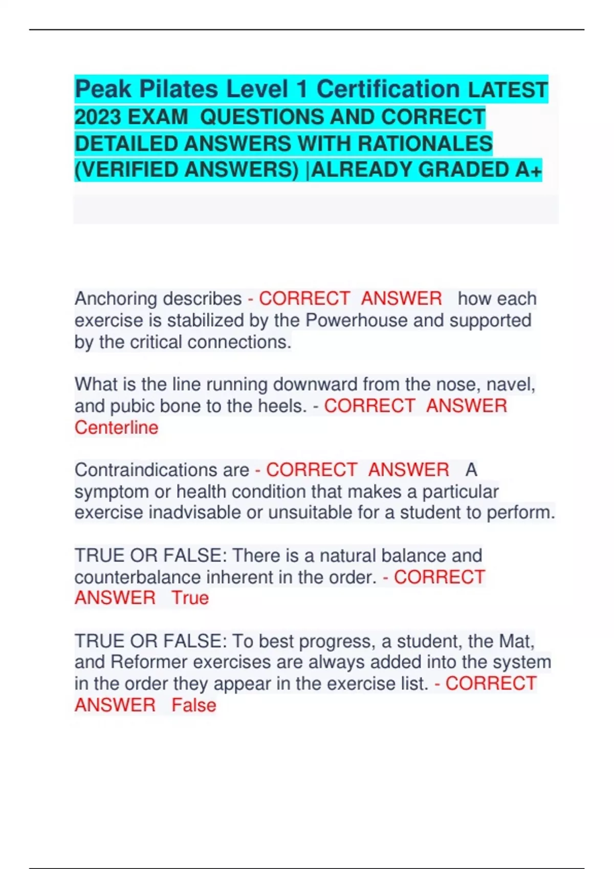 Peak Pilates Level 1 Certification LATEST 2023 EXAM QUESTIONS AND ...