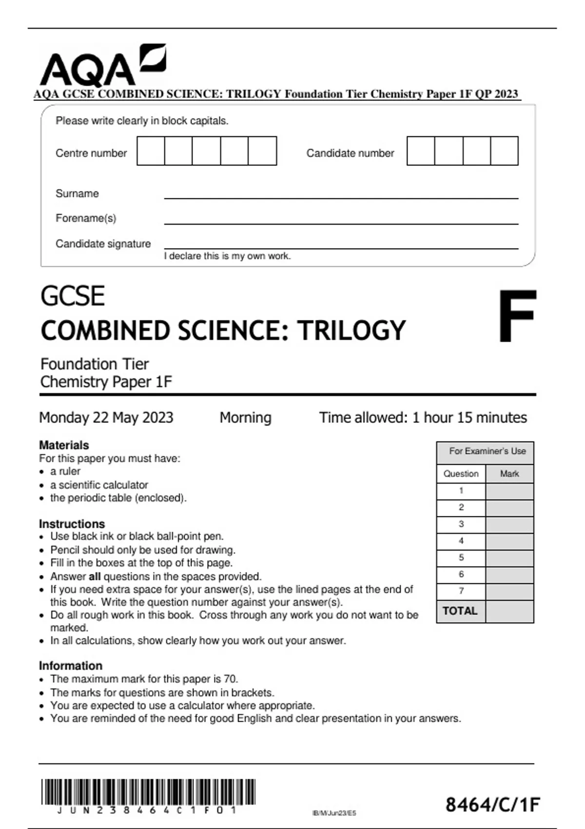 AQA GCSE COMBINED SCIENCE: TRILOGY Foundation Tier Chemistry Paper 1F ...