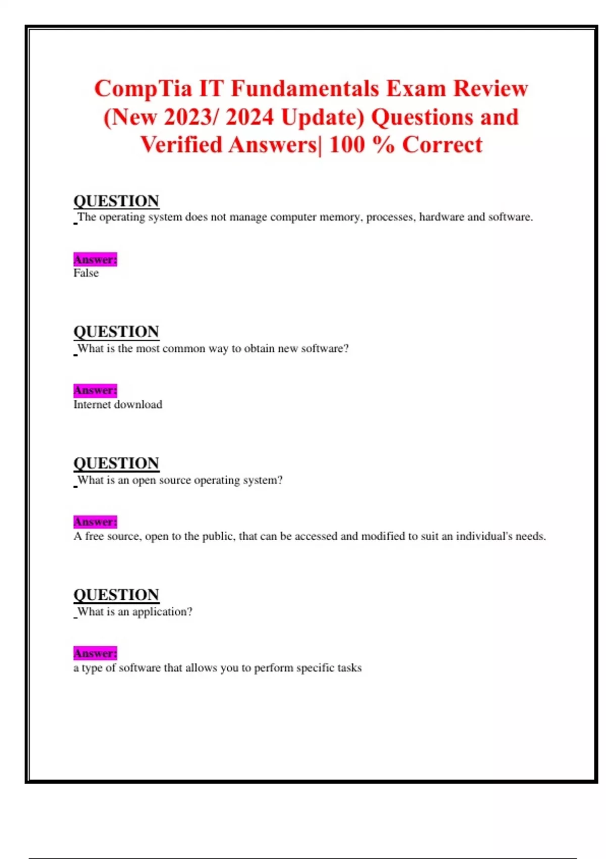 CompTia IT Fundamentals Exam Review (New 2023/ 2024 Update) Questions and Verified Answers| 100 ...