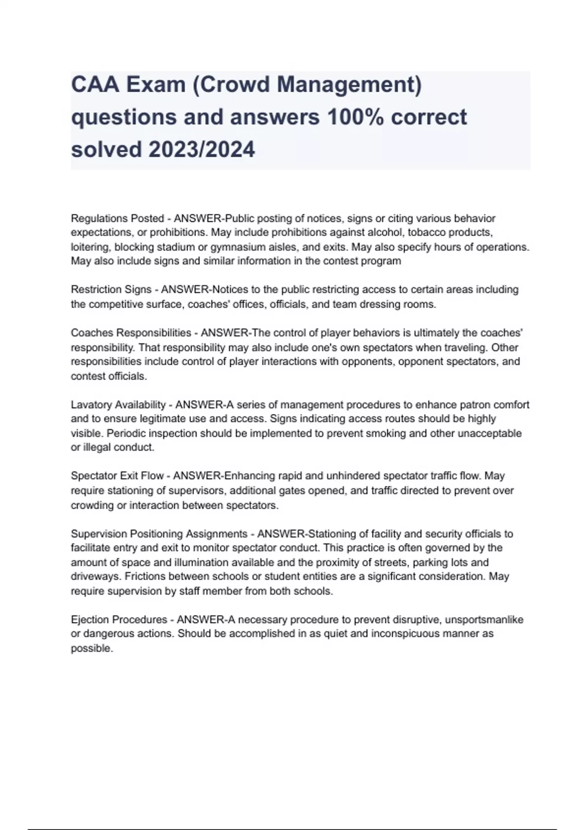 CAA Exam (Crowd Management) questions and answers 100% correct solved ...