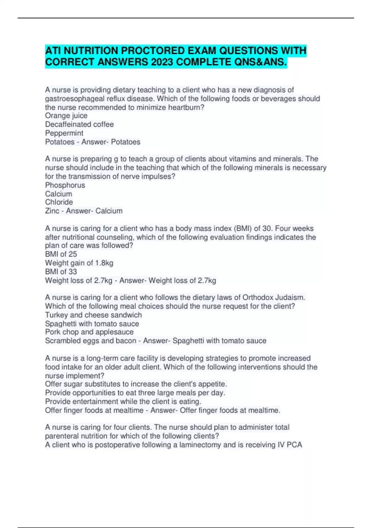 ATI NUTRITION PROCTORED EXAM QUESTIONS WITH CORRECT ANSWERS 2023 ...