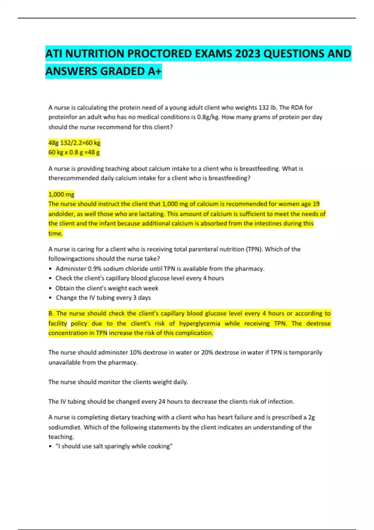 ATI NUTRITION PROCTORED EXAMS 2023 QUESTIONS AND ANSWERS GRADED A+ ...