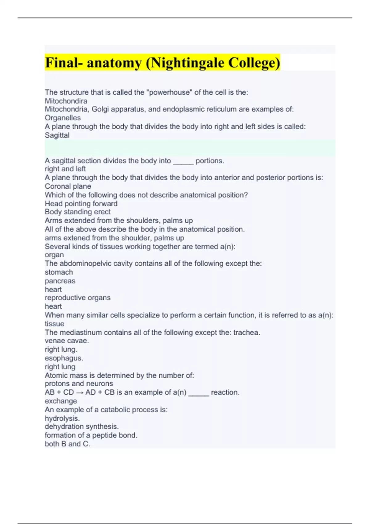 Final- anatomy (Nightingale College) - Anatomy - Stuvia US