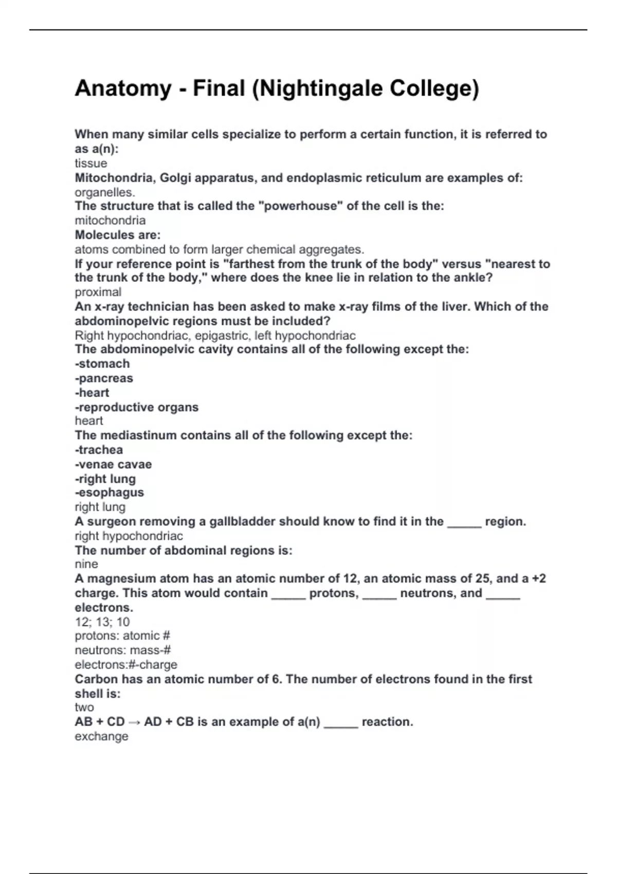 Anatomy - Final (Nightingale College) - Anatomy - Stuvia US