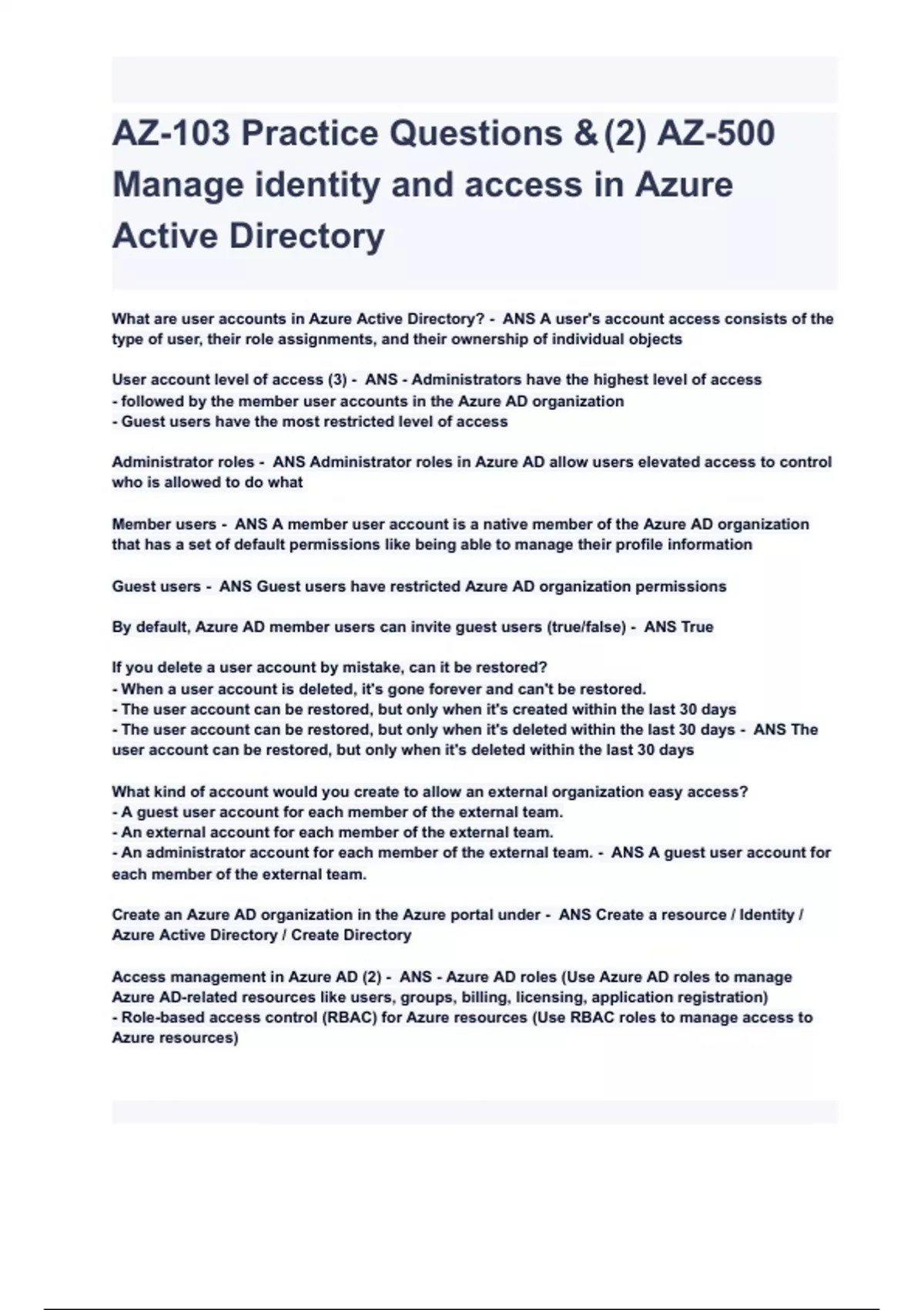 AZ-103 Practice Questions & (2) AZ-500 Manage identity and access in Azure Active Directory ...
