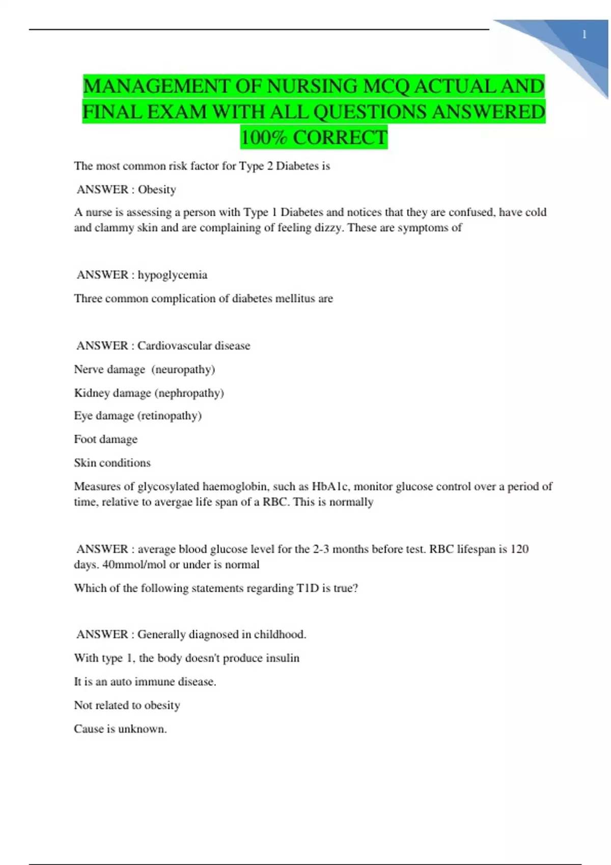 MANAGEMENT OF NURSING MCQ ACTUAL AND FINAL EXAM WITH ALL QUESTIONS ...