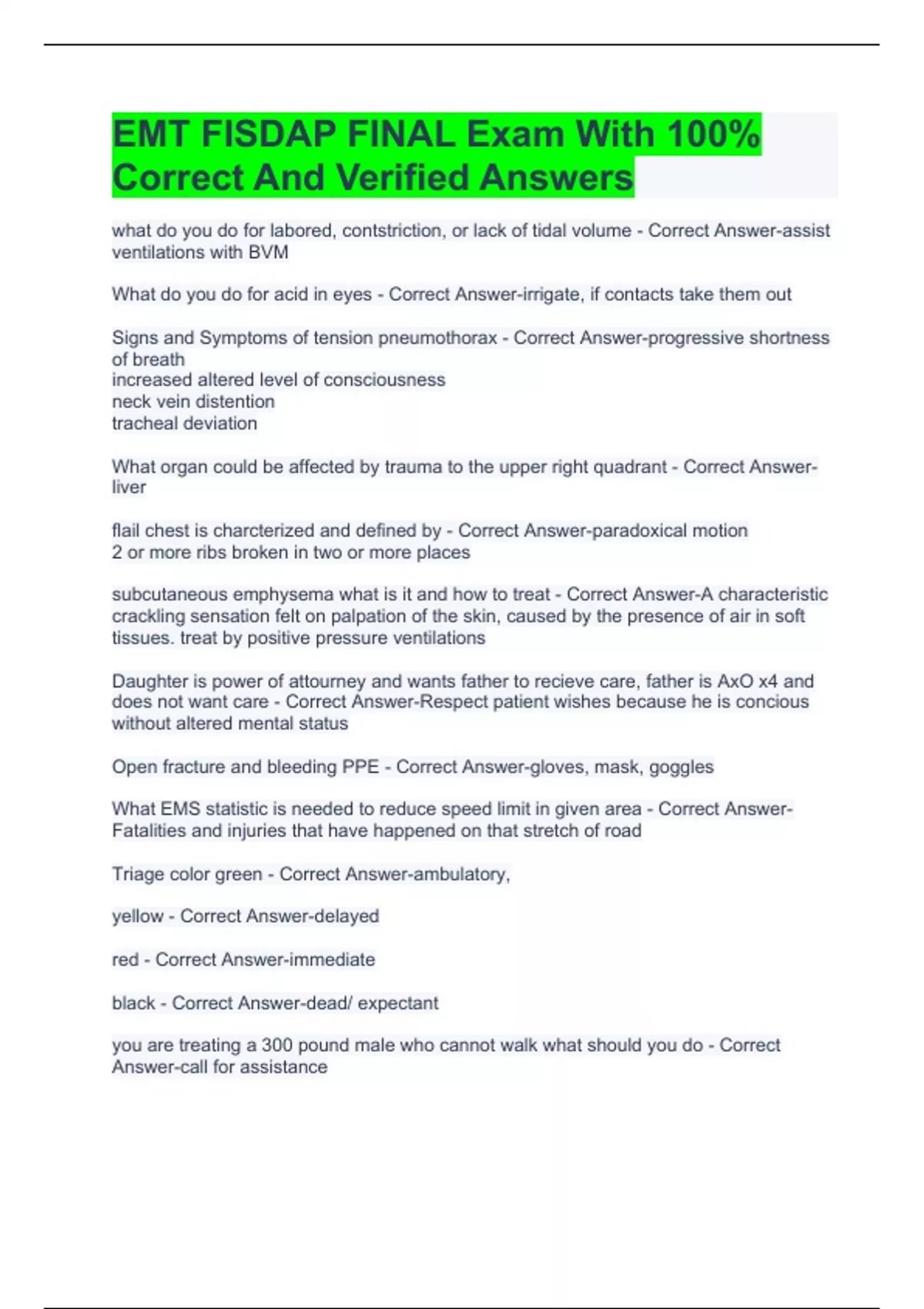 EMT FISDAP FINAL Exam With 100% Correct And Verified Answers - EMT ...