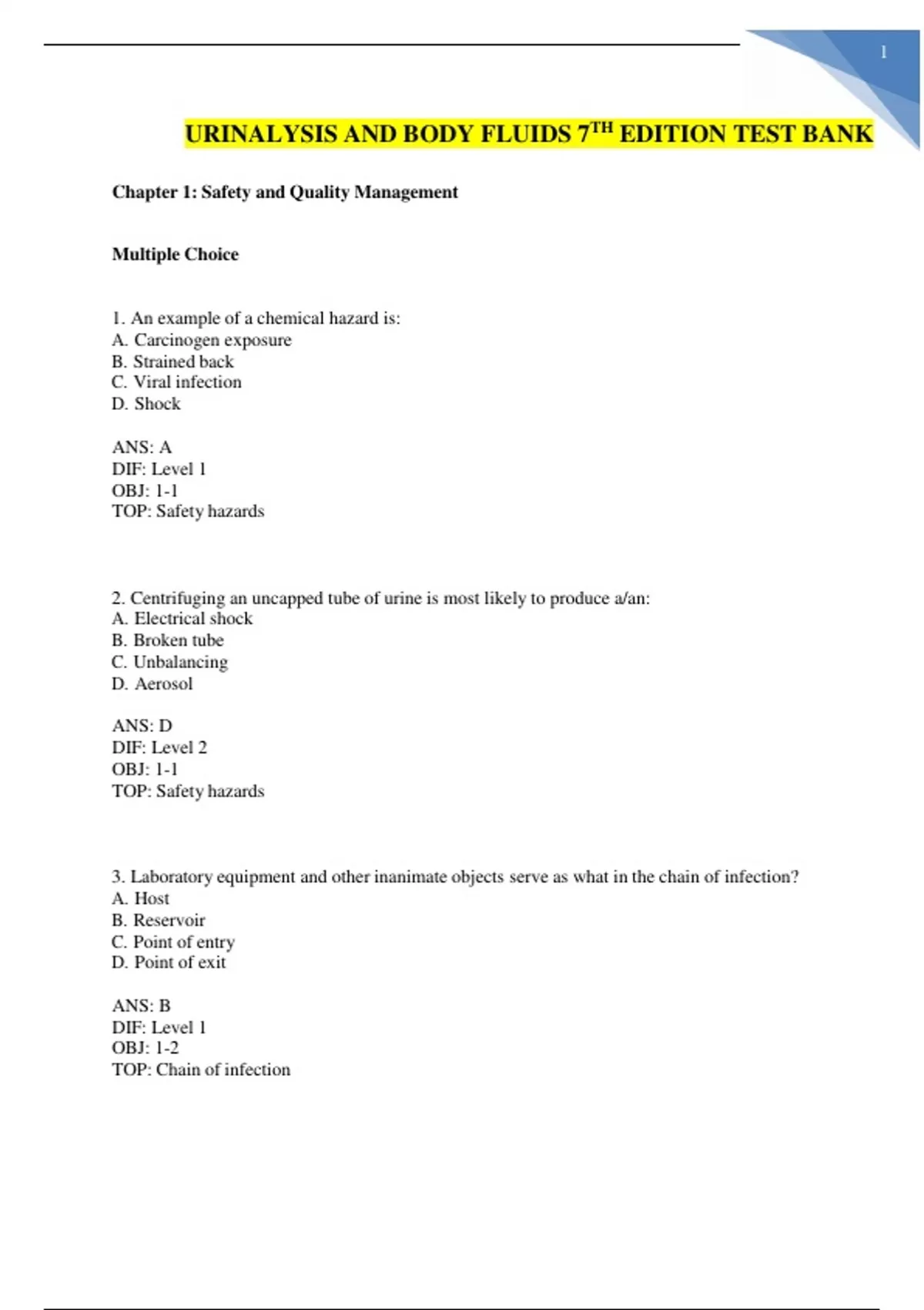URINALYSIS AND BODY FLUIDS 7TH EDITION TEST BANK LATEST REVISED WITH ...