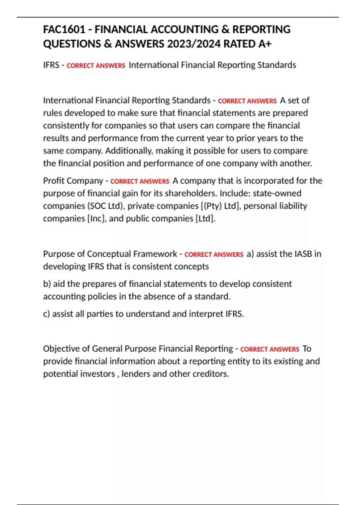 Summary FAC1601 - FINANCIAL ACCOUNTING & REPORTING QUESTIONS & ANSWERS ...