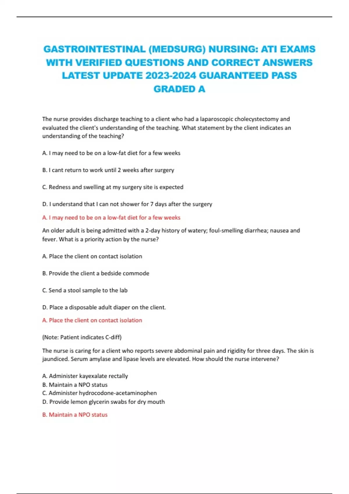 GASTROINTESTINAL (MEDSURG) NURSING: ATI EXAMS WITH VERIFIED QUESTIONS ...