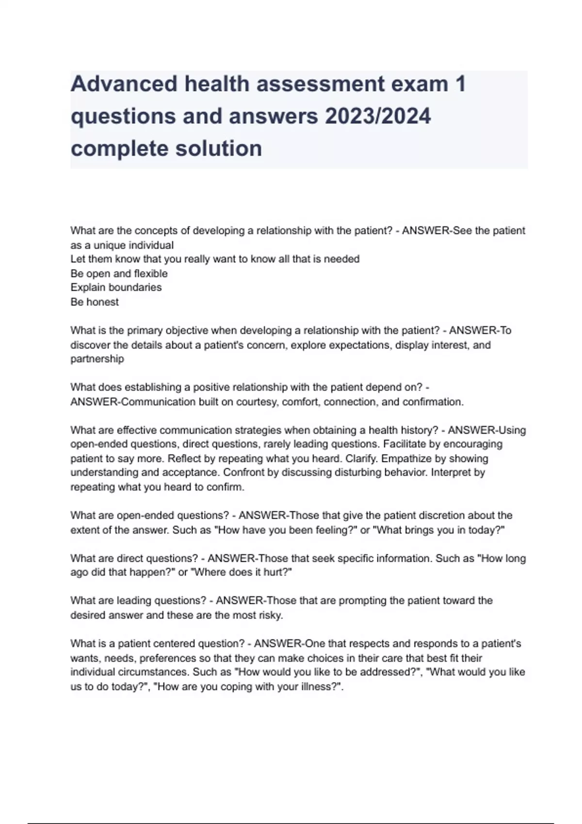 Advanced health assessment exam 1 questions and answers 2023/2024 ...