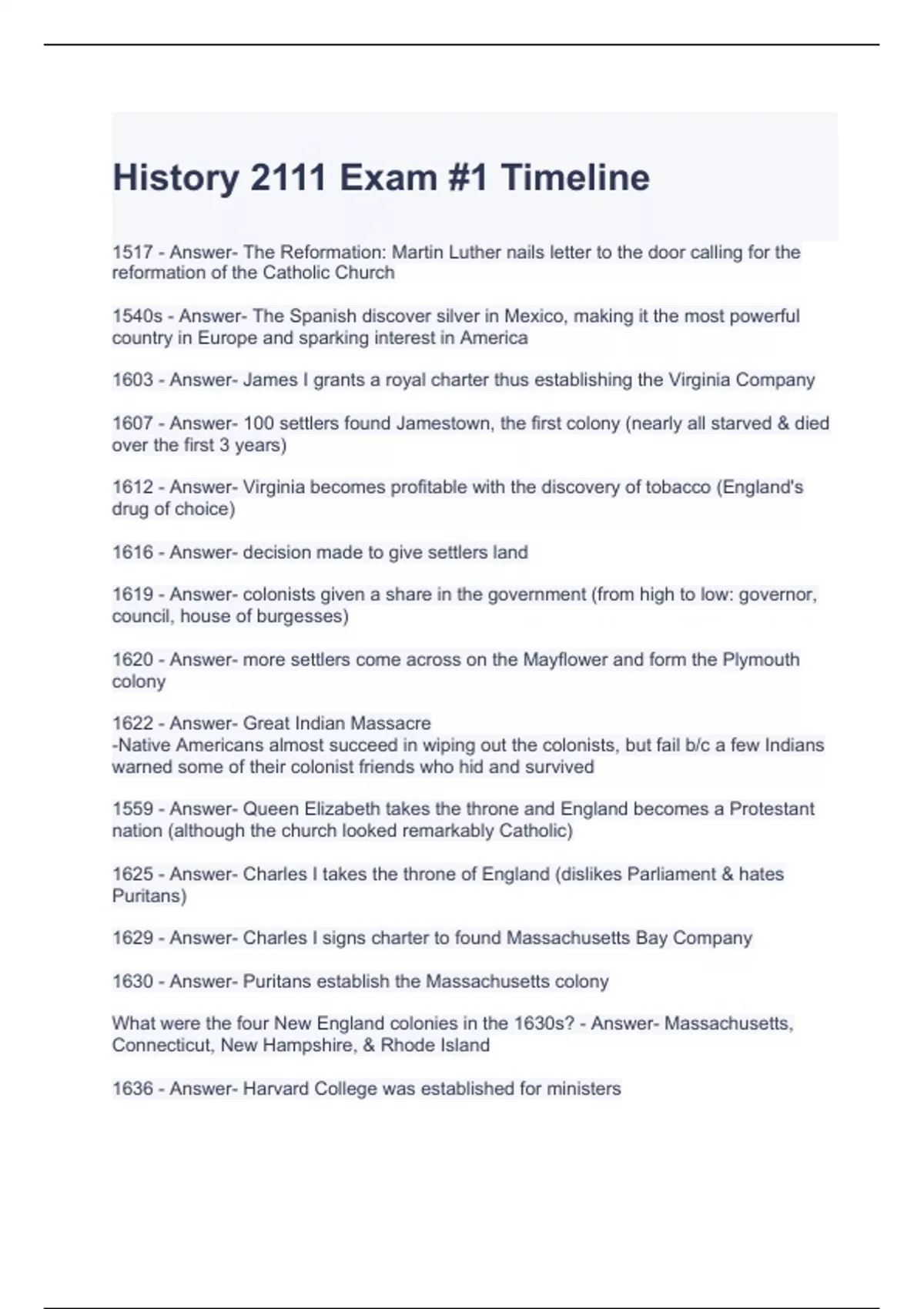 History 2111 Exam #1 Timeline Questions and Answers - UGA History 2111 ...