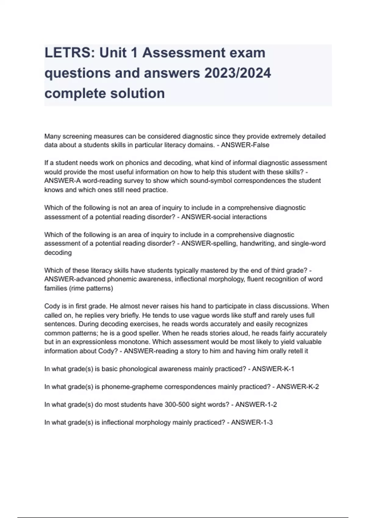 LETRS: Unit 1 Assessment exam questions and answers 2023/2024 complete ...