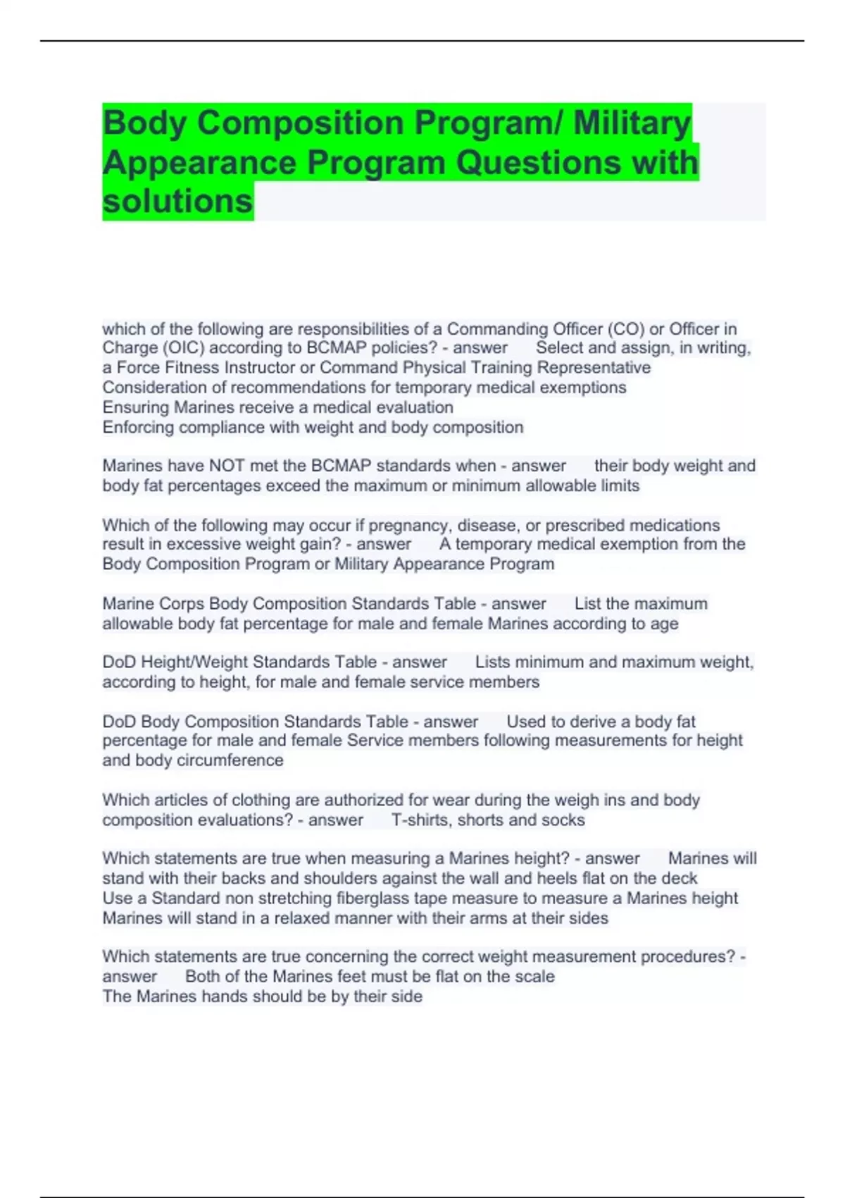 Body Composition Program/ Military Appearance Program Questions with ...