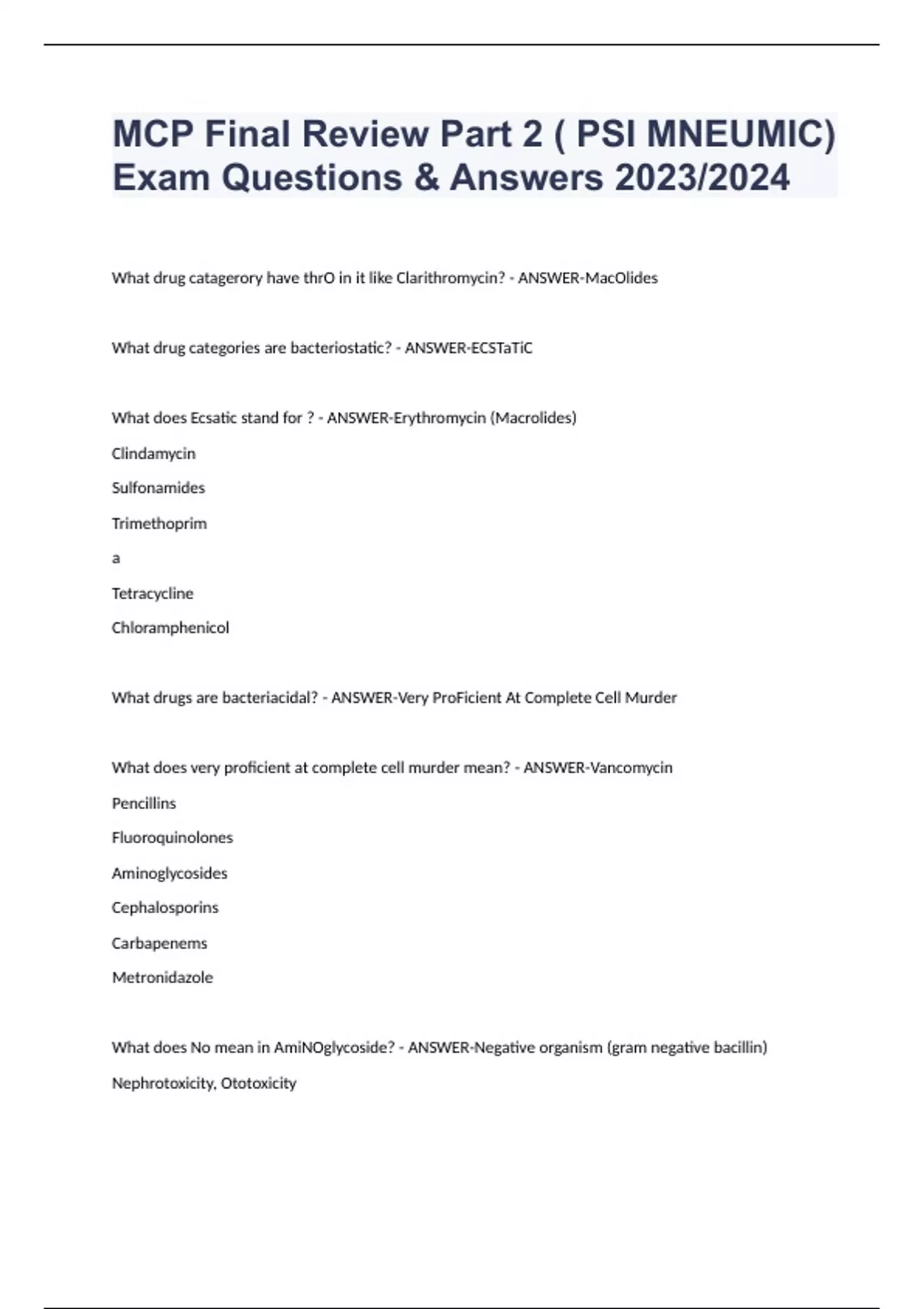 MCP Final Review Part 2 ( PSI MNEUMIC) Exam Questions & Answers 2023/ ...