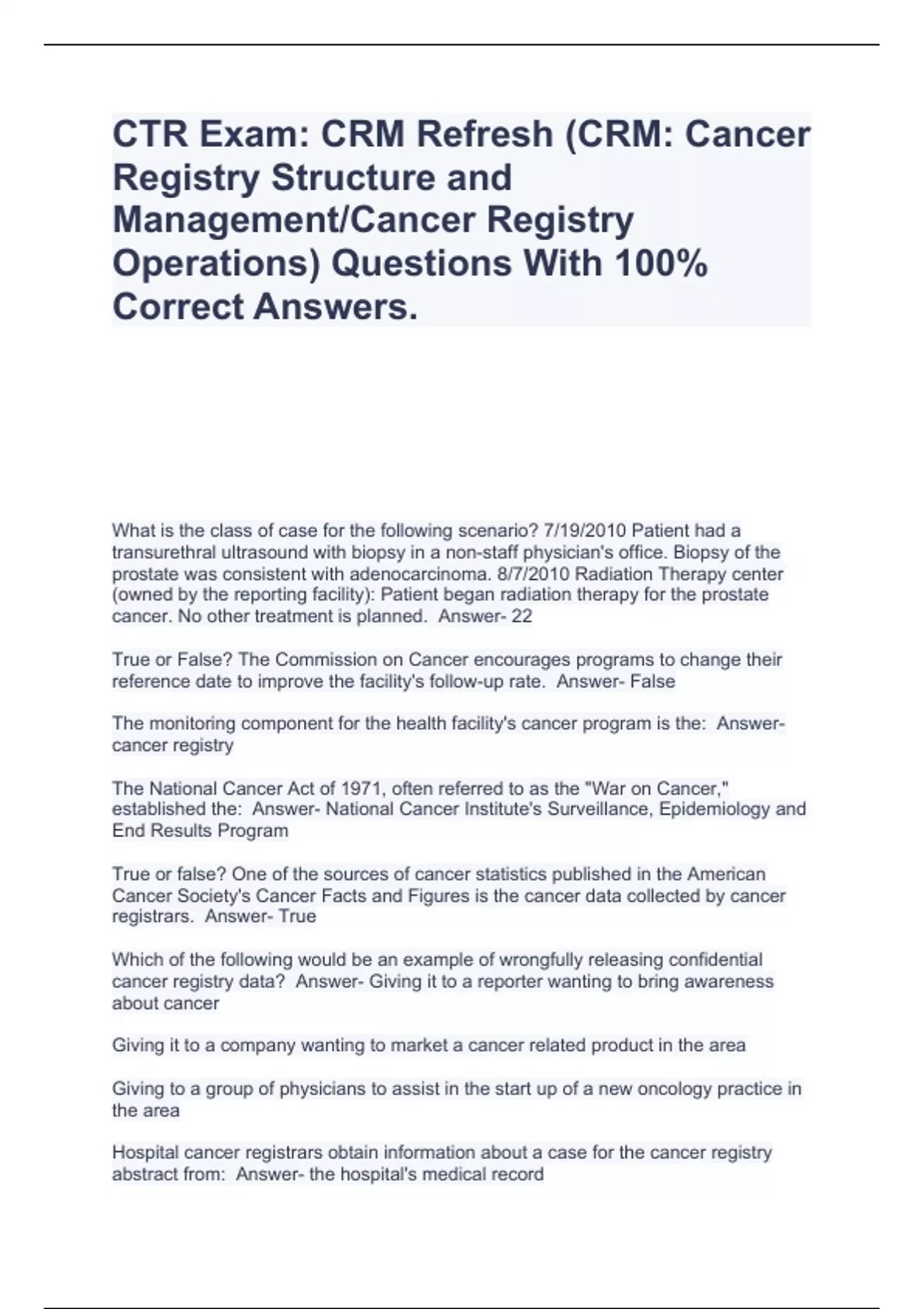 CTR Exam: CRM Refresh (CRM: Cancer Registry Structure and Management ...