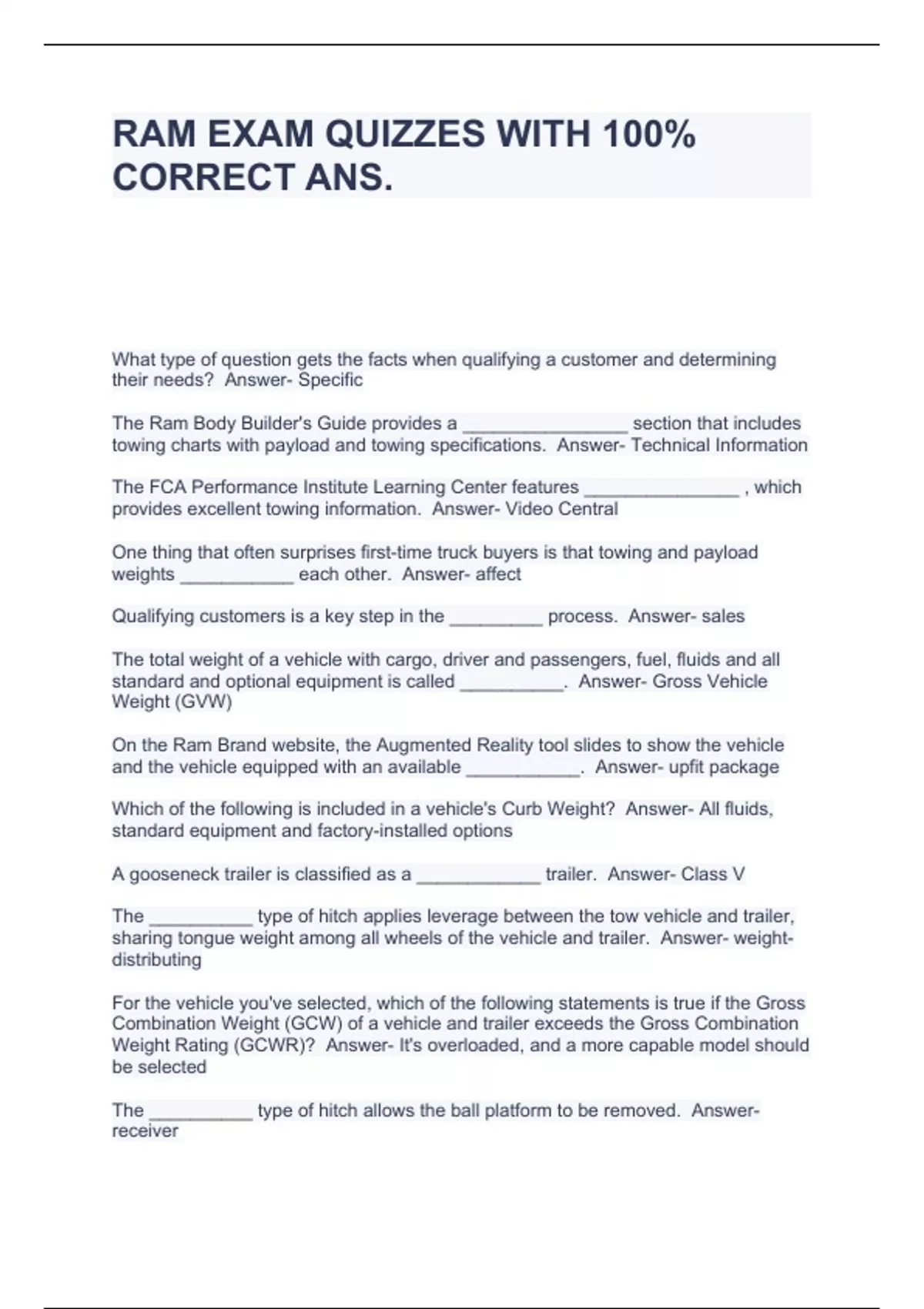 RAM EXAM QUIZZES WITH 100% CORRECT ANS. - Ram - Stuvia UK