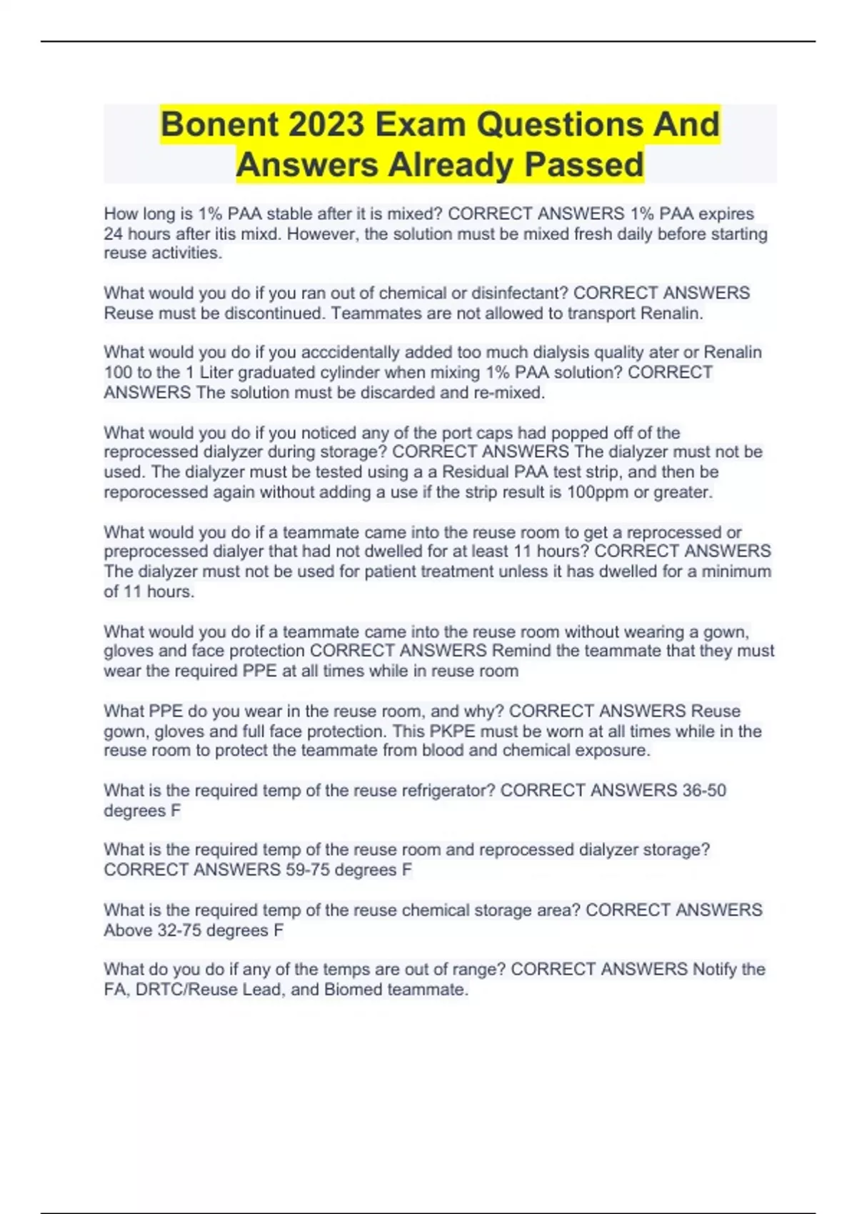 Bonent 2023 Exam Questions And Answers Already Passed - Hemodialysis bonent - Stuvia US