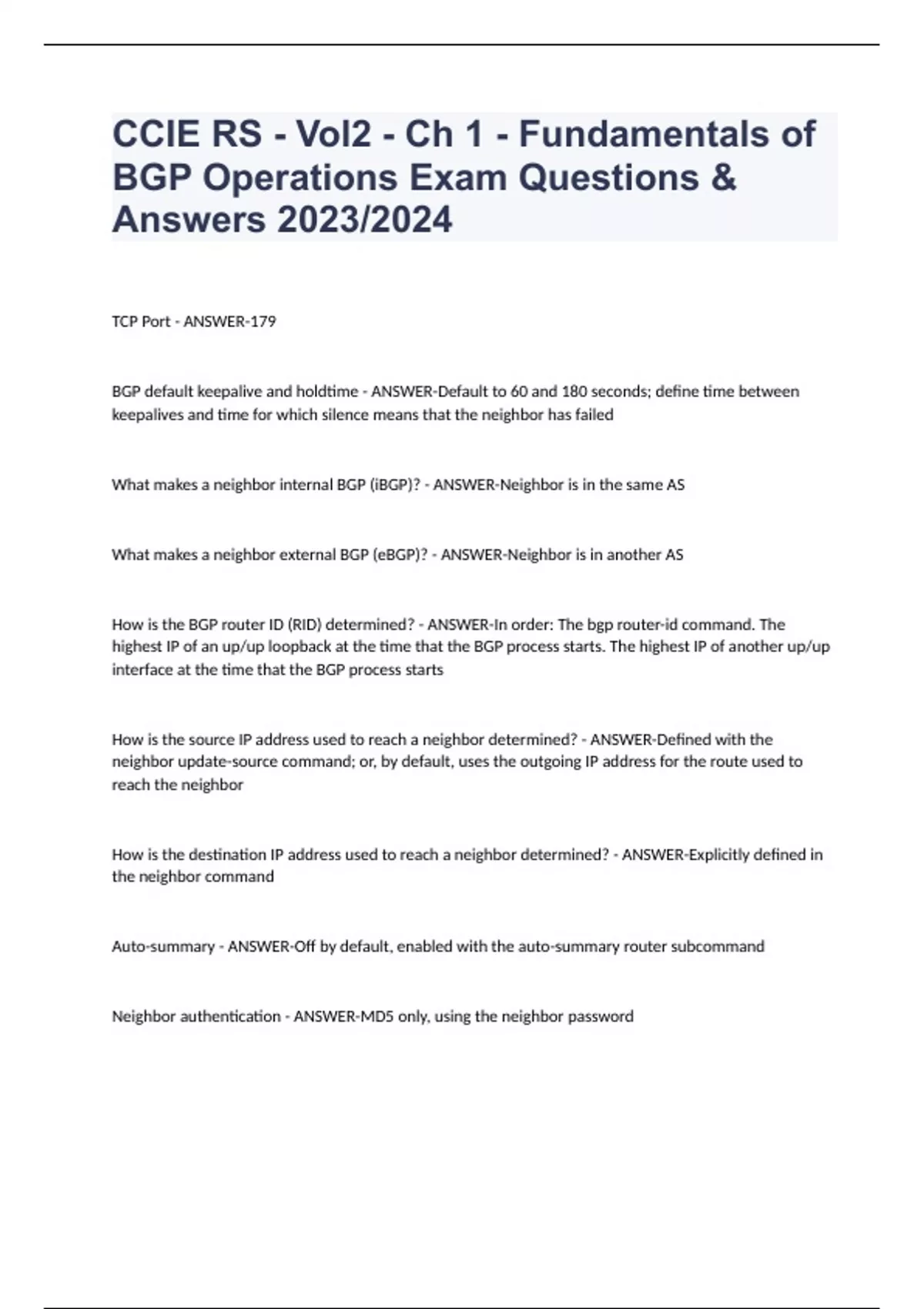 CCIE RS - Vol2 - Ch 1 - Fundamentals of BGP Operations Exam Questions ...