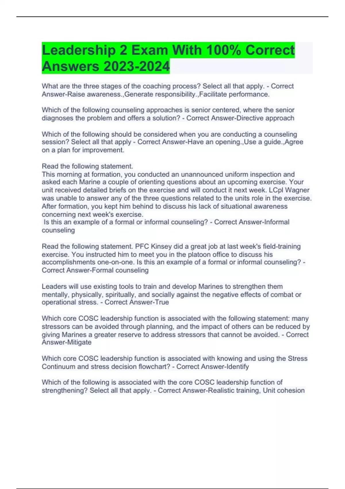 Leadership 2 Exam With 100% Correct Answers - Leadership - Stuvia US
